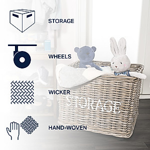 happimess BSK1001A Yael Coastal Hand-Woven STORAGE Rattan Basket with Wheels and Handles for Storage and Decoration in Bedroom, Living Room, Laundry Room, Entryway, Kubu Gray
