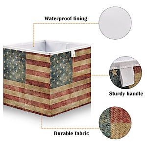 American Flag 11 inch Cube Storage Bins (Pack of 1), Foldable Cubby Organizer Bin for Closet, Clothes and Toys, with Handles Basket Bin
