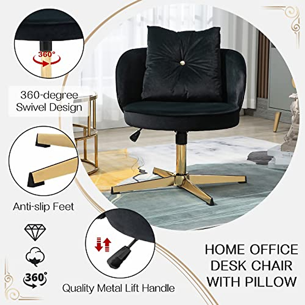 Sudwesto Armless Home Office Chair, Cross Legged Office Chair, Adjustable Swivel Task Chair for Small Space, Living Room, Make-up, Studying, Office (Black Gold)