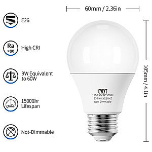 CYLYT A19 LED Light Bulb 60W Equivalent, Daylight White 5000K, 9W Energy Saving Bulbs, Focos LED para Casa, E26 Standard Base, for Kitchen Bedroom Indoor Outdoor, 800 Lumen, Non-diammable, 4-Pack