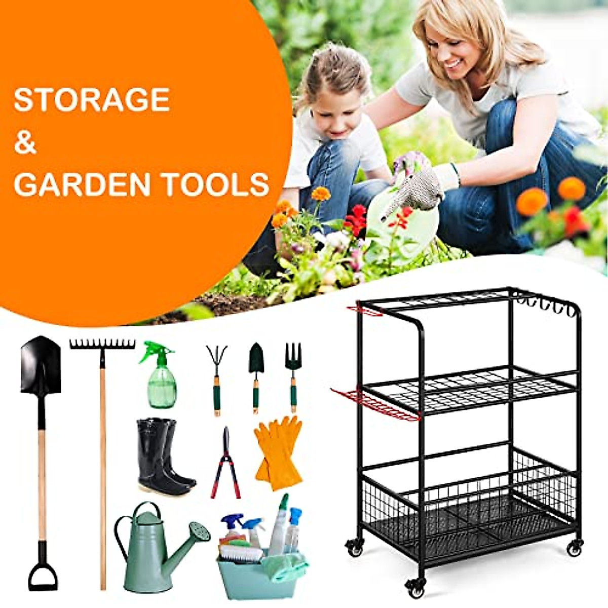 Garden Tool Storage Organizer with Wheels, Yard Tool Stand Holder Racks, Garage Tool Rack, Garden Tool Rolling Cart, Garage Organizers and Storage Hold Garden Tools for Garage Lawn and Outdoor