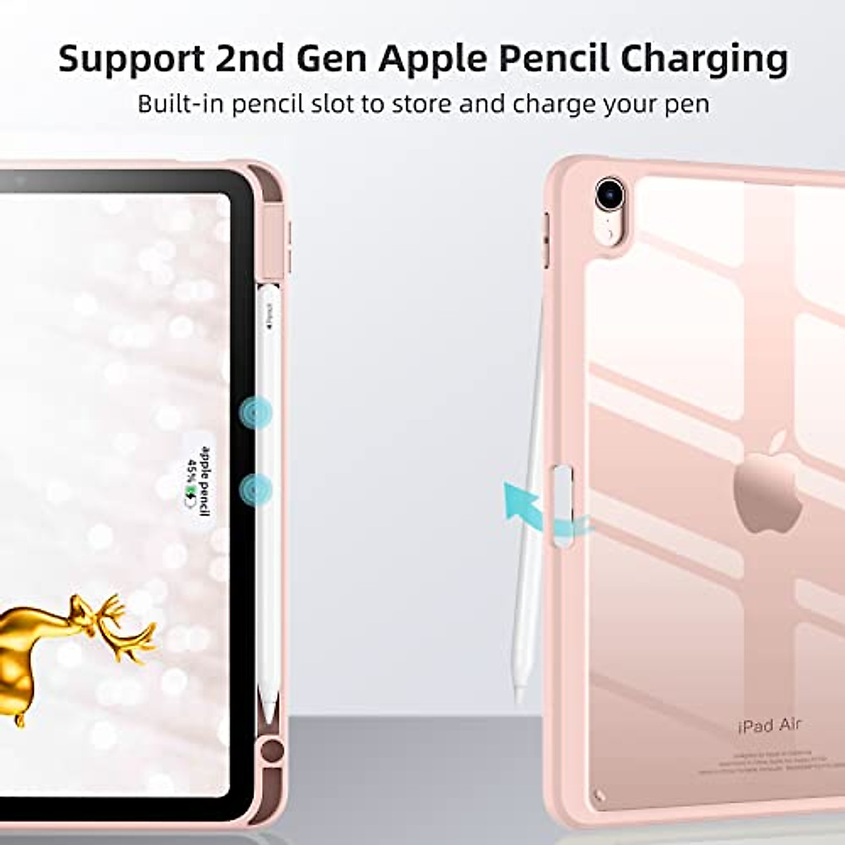 Wenlaty Case Compatible with iPad Air 5th Generation (2022) / 4th (2020) 10.9 Inch Pencil Holder, for 5/4 Case, Slim Smart Cover Clear Back Shell, Rose Pink