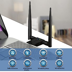 1300M WIFI Adapter for Desktop PC, ALINKVITE 2×5dBi Antenna Mini USB WIFI Adapter, USB 3 WIFI Dongle, 2.4/5GHz USB Network Adapter, WIFI USB Wireless Adapter for WIN 10/8/8.1/7/XP/Vista, Linux, Mac OS