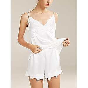 AW BRIDAL White Bridesmaid Bride Pajamas Silk Pajama Set for Women Lace Trim Sexy Camisole Shorts Pj Set Two Pieces, White XL