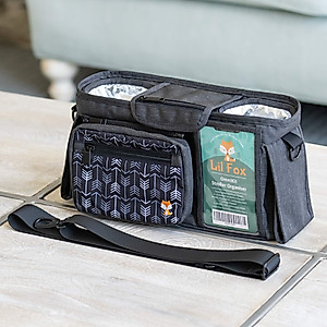 OmniKit Baby Stroller Organizer with LARGE Smart Phone Holder by Lil Fox. Stroller Bag Bottle and Stroller Cup Holder, Stroller Caddy for Baby Things. Stroller Accessories, Unisex Baby Shower Gifts