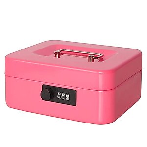 Jssmst Medium Cash Box with Combination Lock - Durable Metal Cash Box with Money Tray Pink,7.87 x 6.3 x 3.35 inches,CB0704M