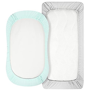 TILLYOU Ultra Soft Bassinet Fitted Sheets for Baby Boy Girl, Universal Fit for Cradle Oval Rectangle Hourglass Mattress, 2 Pack Gray and Green