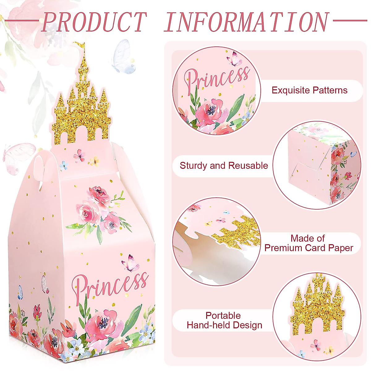 50 Pcs Princess Castle Party Favor Boxes Pink Candy Treat Cardboard Boxes Princess Crown Goodie Gift Bag Princess Party Supplies for Girl Kids Birthday Baby Shower Decorations (9.5 x 3.5 x 3.5 in)