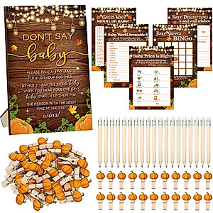 Patelai 321 Pcs Baby Shower Games Supplies, 5 Sets (50 Cards Each) Activities Cards with 20 Pencils 1 Don't Say Baby Sign 50 Clothespin(Pumpkin)
