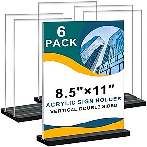 6Pack Acrylic Sign Holder 8.5x11 Vertical ,Clear Sign Holder Double-Sided ,Plastic Flyer Stand Menu Table Display Holders,Acrylic Paper Holder Plastic Picture Frames for Office Restaurants Show Fair