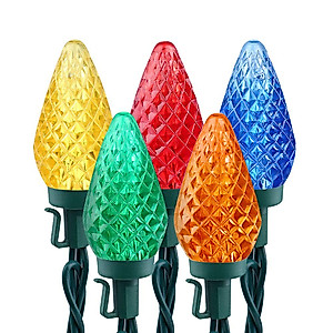 Brizled C9 Christmas Lights Multicolor, 33ft 50 LED Faceted C9 Outdoor Christmas Lights, 120V UL Certified, Connectable for Christmas Tree Wreath Garland Garden Yard Party Home Patios Decoration