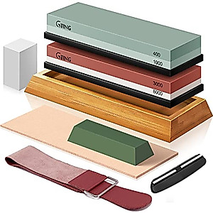 Knife Sharpening Stone Set, G-TING 400/1000 and 3000/8000 Grit Whetstone Knife Sharpener Kit with Leather Razor Strop, Leather Honing Strop, Polishing Compound, Bamboo Base and Flattening Stone