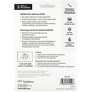 Tombow 62149 Mono Adhesive Dots Applicator Refills, 3-Pack. Easy to Refill for Smooth Application, Multicolor, Value Pack