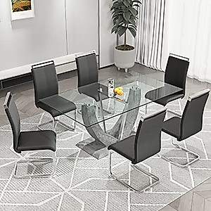 JUFU 67" Glass Dining Room Table Set for 6,Big Modern Rectangular Tempered Glass Dining Table Top Thick 0.39",7 Piece Dining Table with 6 Pcs Leather Dining Chairs