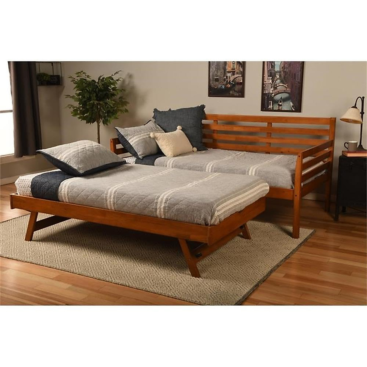 Kodiak Furniture Twin to King Size Daybed with Pop Up Trundle in Wood, in Mahogany, No Box Spring Needed, Easy Assembly, Up to Weight Capacity