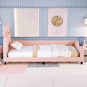 RIDFY Daybed with Headboard, Rabbit-Shaped Camas, Wood Twin Platform Bed Frame for Girls Boys, Cute Upholstered Sofa Bed, PU Leather, Space-Saving, No Box Spring Needed (Pink)