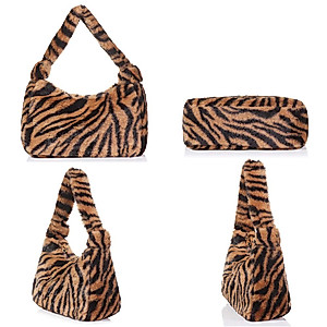 Women Leopard Print Clutch Handbag Plush Faux Fur Tote Bag Soft Warm Shoulder Crossbody Purse (1-cow print White)