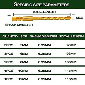 JOERIC Titanium Masonry Drill Bits Set, 10PCS Concrete Drill Bit Ceramic Tile Drill Bit Set Tungsten Carbide Tipped Ceramic Tile Drill Bits for Concrete Brick Glass Plastic and Wood (5mm-12mm)