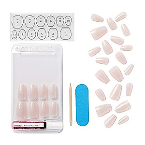 KISS Classy French Nail Manicure Kit with Gel Finish, Medium, Coffin Shaped, “Cozy Meets Cute”, Nail Kit Includes Pink Nail Glue (Net Wt. 2 g / 0.07oz.), Mini File, Manicure Stick, and 28 Fake Nails