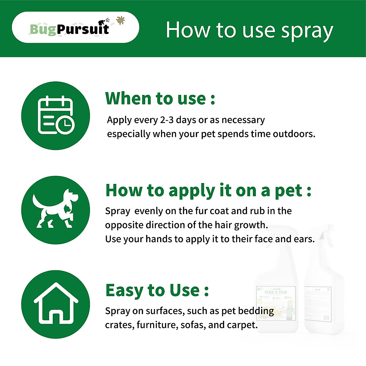 BugPursuit 24oz Flea &Tick Spray, Flea and Tick Prevention for Dogs, Cats, Non-Toxic, Safe for Pets & Kids, Flea and Tick Spray for Home, Killer Flea, Tick, Lice, 100% USDA Biobased, Made in USA