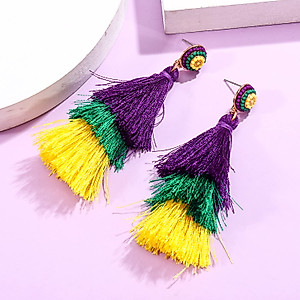 VOGUEKNOCK Mardi Gras Earrings Beaded Ear Stud Tiered Tassel Drop Earrings Mardi Gras Costume Party Jewelry Accessories (Mardi Gras)