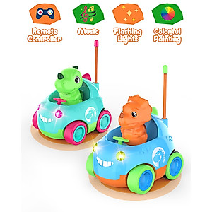 Qumcou Toddler Remote Control Car, Two Cartoon RC Cars for Toddlers, Dinosaur Toys for Kids 3-5, Birthday Gift for Boys & Girls, Car Toys with LED Lights & Music