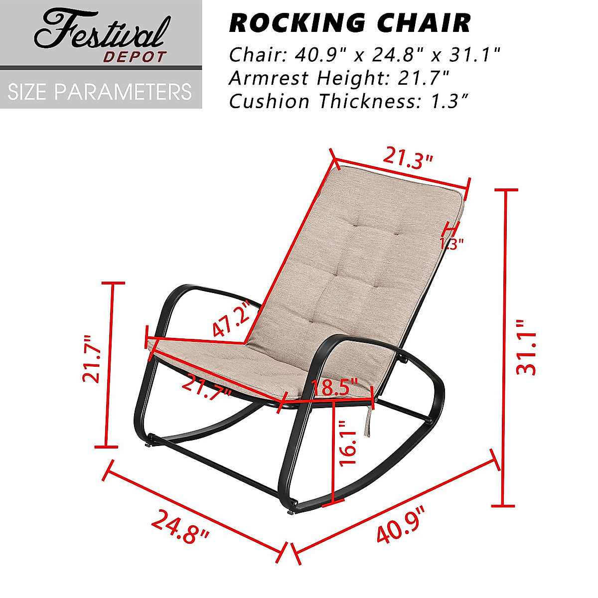 Festival Depot Patio Upholstered Rocking Chair Lounge Chairs Living Room Sofa Glider Rocker Chair w/Metal Frame Removable Cushion High Back Widened Seat Best Comfy Modern Portable