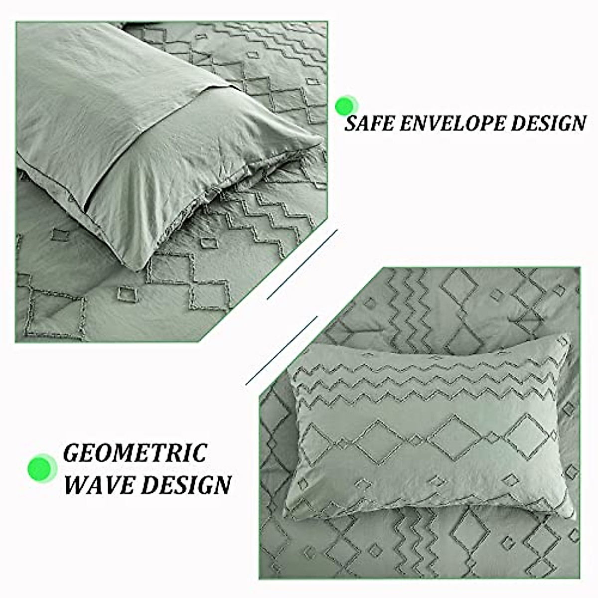 Green Tufted Comforter Set King Size (102×90 inches), Boho Shabby Chic Comforter Geometry Embroidery Bedding Set 3 Pieces (1 Comforter + 2 Pillowcases), Soft Microfiber Comforter for All Seasons