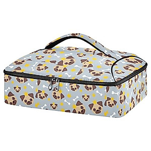 Kcldeci Insulated Thermal Food Carrier Insulated Casserole Carrier for Hot or Cold Food,Gray Pugs Bones Insulated Tote Bag for Potluck Cookouts Parties Picnic,Lasagna Lugger