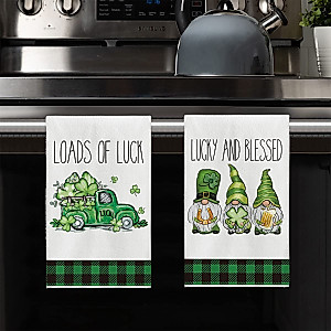 Artoid Mode Buffalo Plaid Lucky Clover Shamrock Truck Gnomes Kitchen Dish Towels, 18 x 26 Inch Seasonal St. Patrick's Day Ultra Absorbent Drying Cloth Tea Towels for Cooking Baking Set of 2