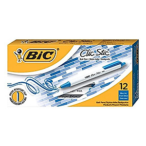 BIC® Clic Stic® Retractable Pens, Medium Point, 1.0 mm, White Barrel, Blue Ink, Pack Of 12