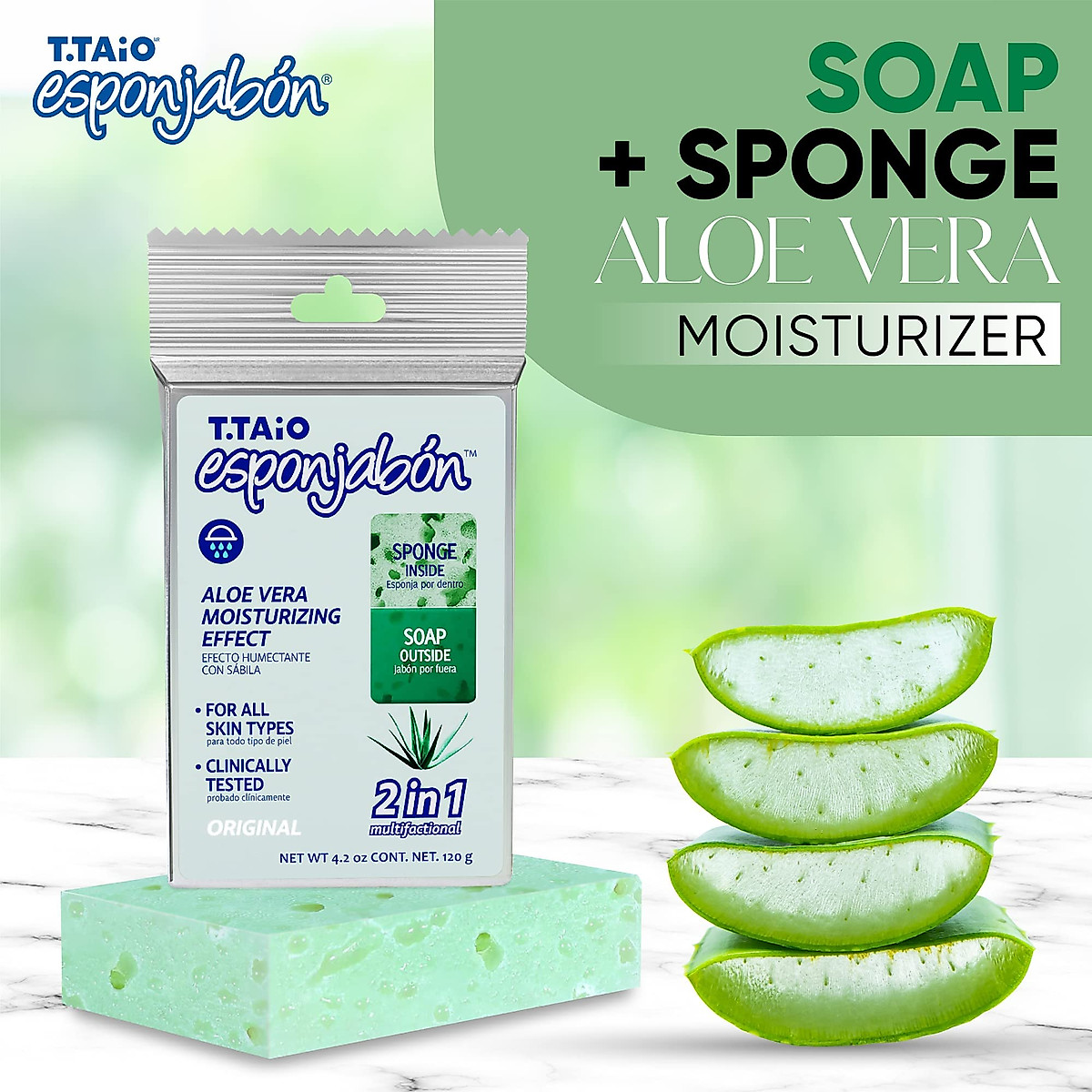 T.Taio Esponjabon Soap Sponge Variety Pack - Shower Scrubber & Bath Wash Scrub - Massage Face - Bathroom Accessories - Mother of Pearl, Aloe Vera, Lavender, Charcoal, Cucumber-Melon, Oatmeal (6 Pack)