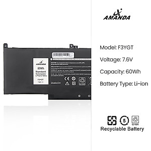 A AMANDA F3YGT Battery Replacement for Dell Latitude 12 7000 7280 7290/13 7000 7380 7390/14 7000 7480 7490 Series DM3WC 0DM3WC 2X39G 7.6V 60Wh 4-Cell