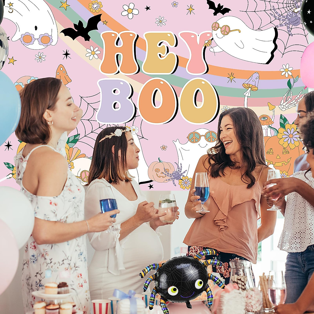 Avezano Halloween Hey Boo Baby Shower Backdrop Halloween Groovy Boho Rainbow Retro Hippie Theme Baby Shower Banner Little Boo Daisy Baby Shower Party Decorations Photo Background 70.8 x 43.3 Inch