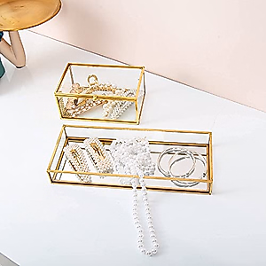 Feyarl Gold Clear Glass Vanity Tray Jewelry Trinket Rings Earrings Organizer Perfume Collection Display Decorative Tray for Dressr Drawer Office Tabletop (7.87Inch)