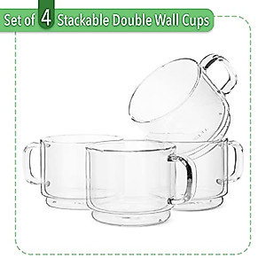 BTaT- Stackable Insulated Coffee Mug, Coffee Glass, Large, Set of 4 (16oz, 500ml), Double Wall Glass Coffee Cups, Tea Cups, Latte Cups, Glass Coffee Mug, Latte Mug, Clear Mugs, Mother's Day Gift