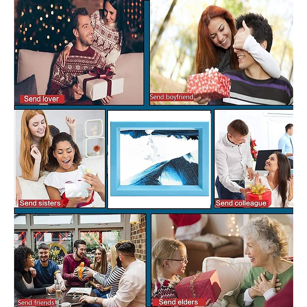 FUNJIA Moving Sand Art Picture, 3D Deep Sea Sandscape in Motion Display, Flowing Sand Art Decor for Sensory Calming Fidget, Desktop Home Office Work Decor (Blue)