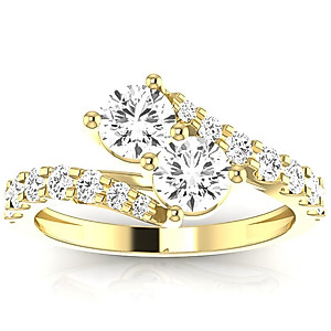 Near 1 Carat t.w. Twisting Pave Set 2rue Love 2 Stone Collection Round 14K Yellow Gold Diamond Engagement Ring (J-K Color, I2 ClarityCenter Stones)