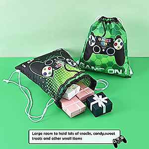 WERNNSAI Video Game Party Loot Bags - 12 Pack 10'' x 12'' Game On Theme Gifts Bags for Boys Drawstring Backpack Goodie Candy Favor Bags Birthday Party Supplies