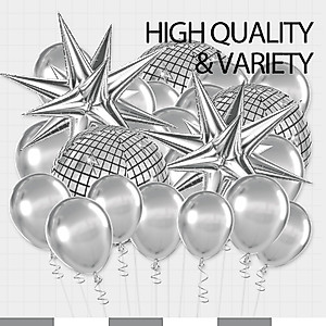 Disco Balloon Arch Garland Kit, Metallic Silver Balloon Arch with Disco Ball Balloons Silver Fringe Disco Ball Backdrop for Birthday Graduation Prom 2024 Disco Party Decorations