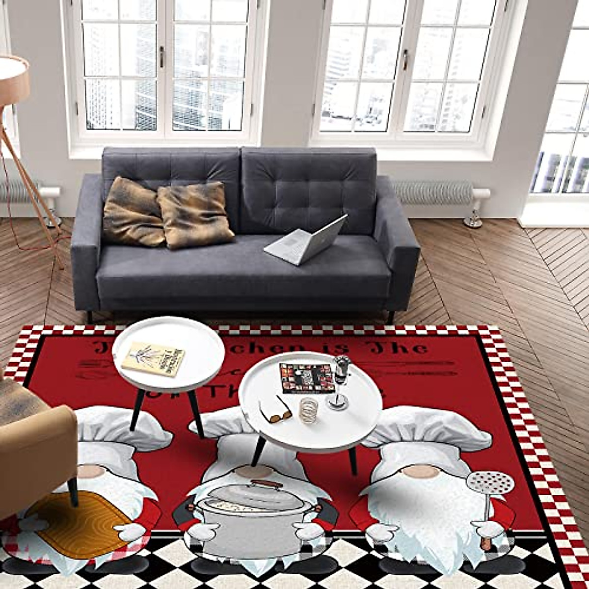 Modern Large Area Rug 5' x 8' Bedroom Rugs, Fat Chef Runner Rug Non Slip Kitchen Rug Washable Floor Carpet Mat for Living Room Bathroom Outdoor Cook Gnomes Buffalo Plaid Red