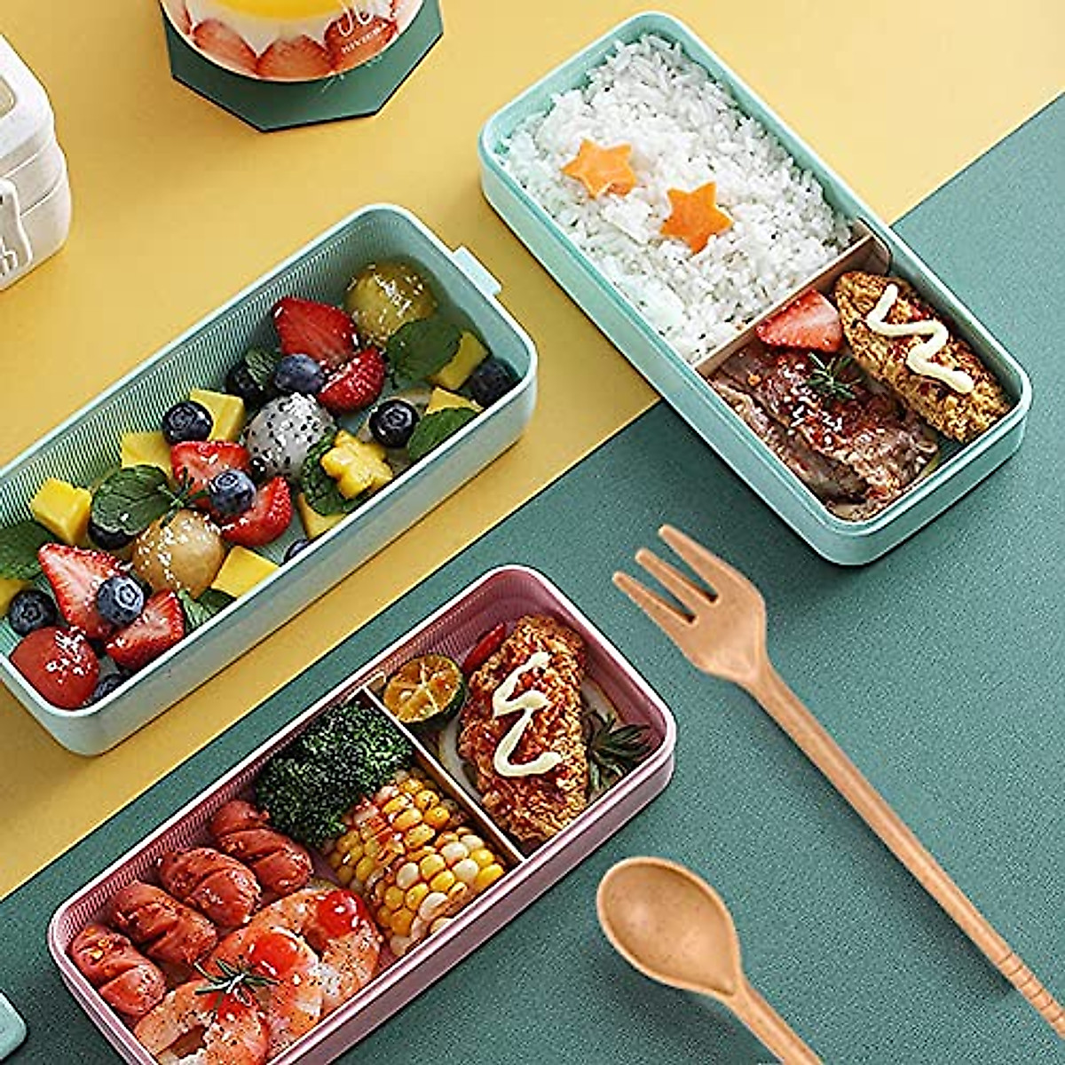 Iteryn Stackable Bento Box Lunch Box, Wheat Straw, 3-In-1 Compartment Japanese Lunch Containers Leakproof, Eco-Friendly Bento Lunch Box Meal Prep - 2 Pack