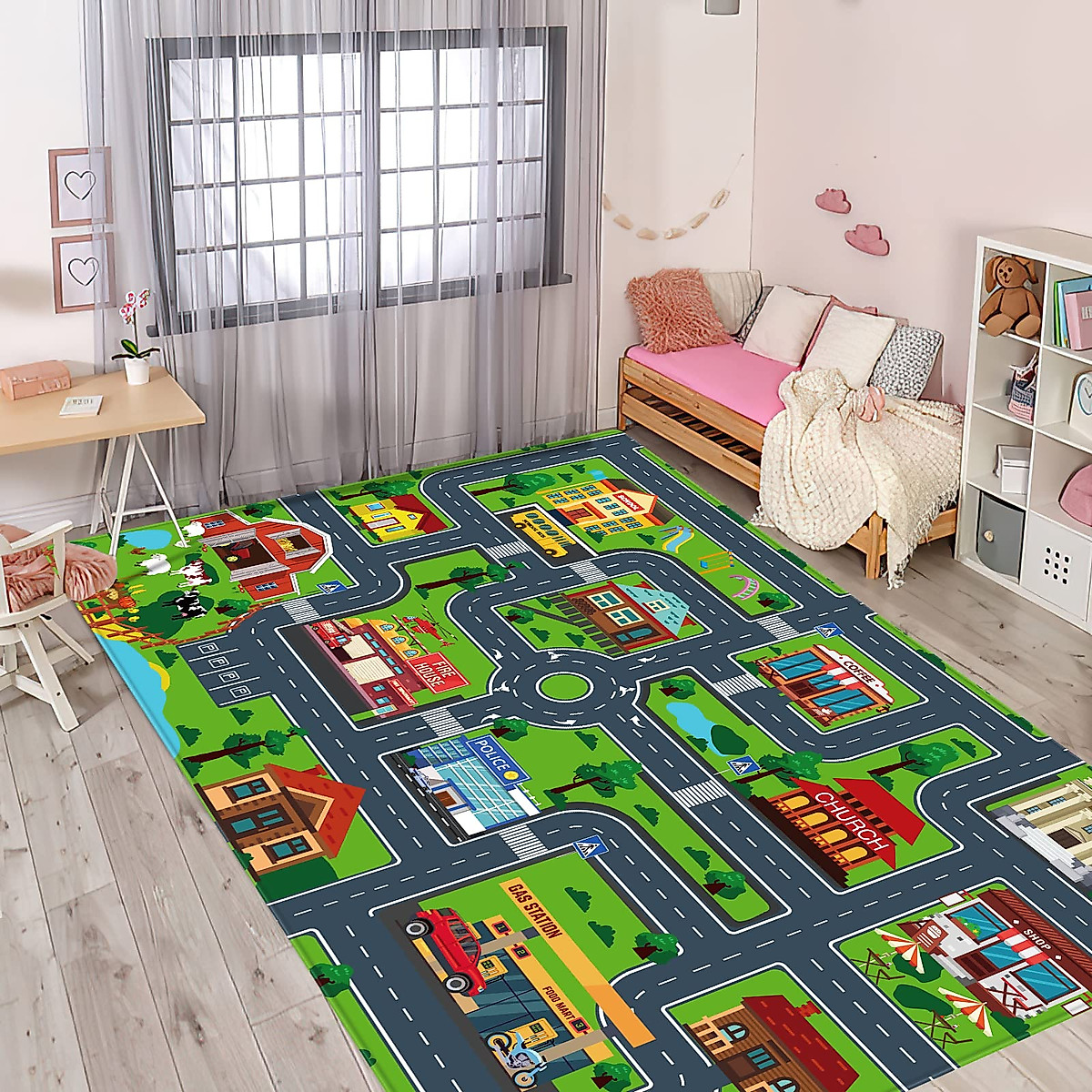 LTKOUGFAM Kids Carpet Playmat, Rug for Playroom, Mat, Kids Play Rugs Town City Road Map Rug, Extra Large Boys, Track Play Rug Bedroom, Living Room, 78.7X 59 Inch