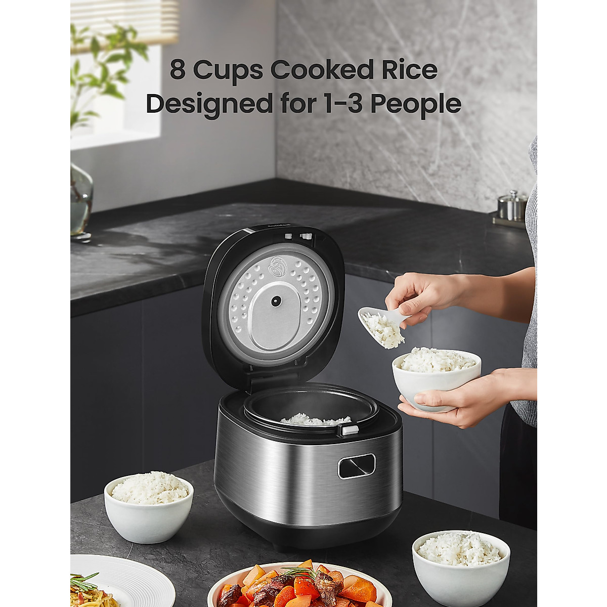 COMFEE' Compact Rice Cooker 8 Cups Cooked/4 Cups Uncooked, 9-in-1 Multi Cooker, Fast Rice Maker, Steam, Brown Rice, Grains, Fuzzy Logic Technology, Grey