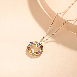 FANCIME 14k Solid Yellow Gold Sapphire Topaz Amethyst Garnet Peridot Citrine Multigemstone Round Open Circle Pendant Necklace Gift For Her Mom Women, 16" + 2" Extender