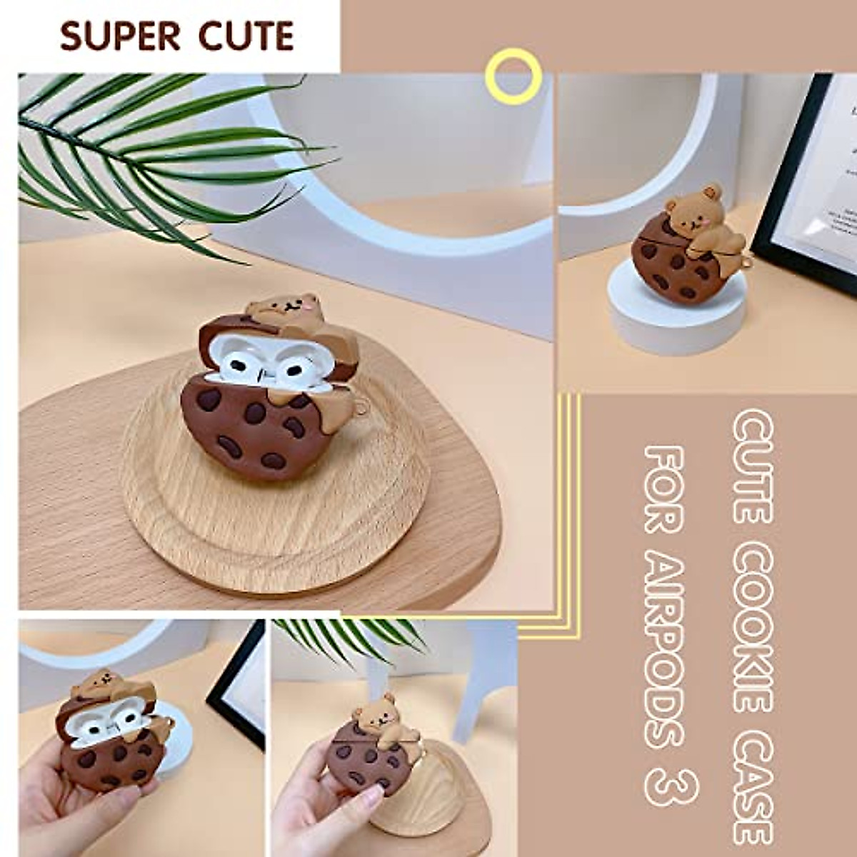 Cute Cookie Bear Airpods 3rd Generation(2021) Case, 7 in 1 Silicone Protective Airpods 3 Accessories Cover Kit, 3D Fashion Cartoon Animal Food Skin for Girls Women with Other 6 Different Accessories