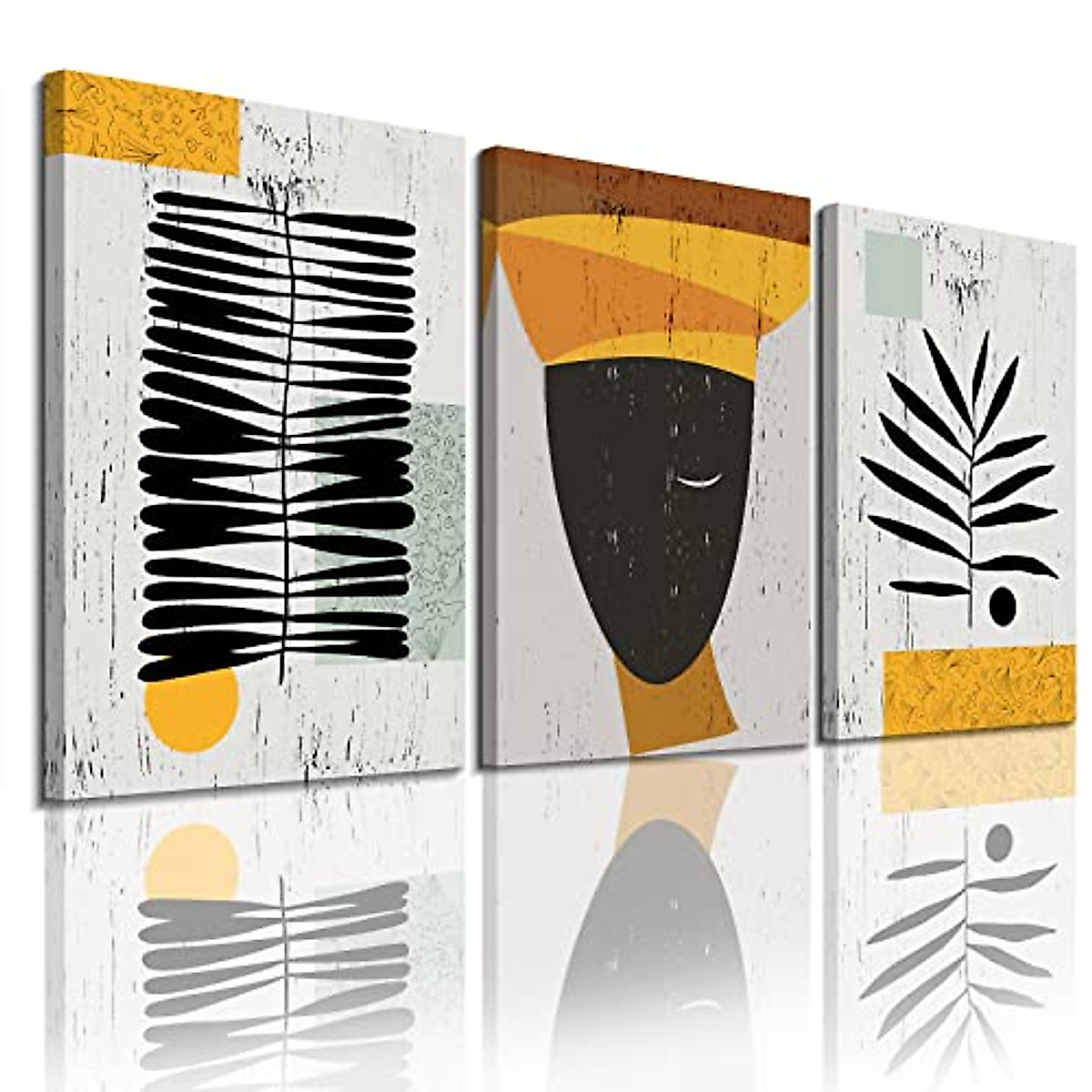 Framed Canvas Wall Art African Ethno Motive Wall Art Set, Abstract Ethno Art, African American Woman Portrait, Black Orange Print, Contemporary Collage, Minimalist (A-3pcs,12x16inchx3pcs)