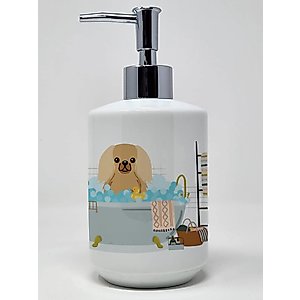 Caroline's Treasures WDK5801SOAP Fawn Sable Pekingese in Bathtub Ceramic Soap Dispenser Hand Soap Dispenser Pump Bottles for Bathroom Kitchen, Empty Refillable Liquid Soap Container