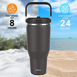Zukro 40 OZ Tumbler With Top Handle, Leak Proof Stainless Steel Cup with Flip Straw, No Sweat Insulated Water Bottle Fit in Cup holder for Sport, Outdoors, Keep Drinks Cold 24 hours, Coal