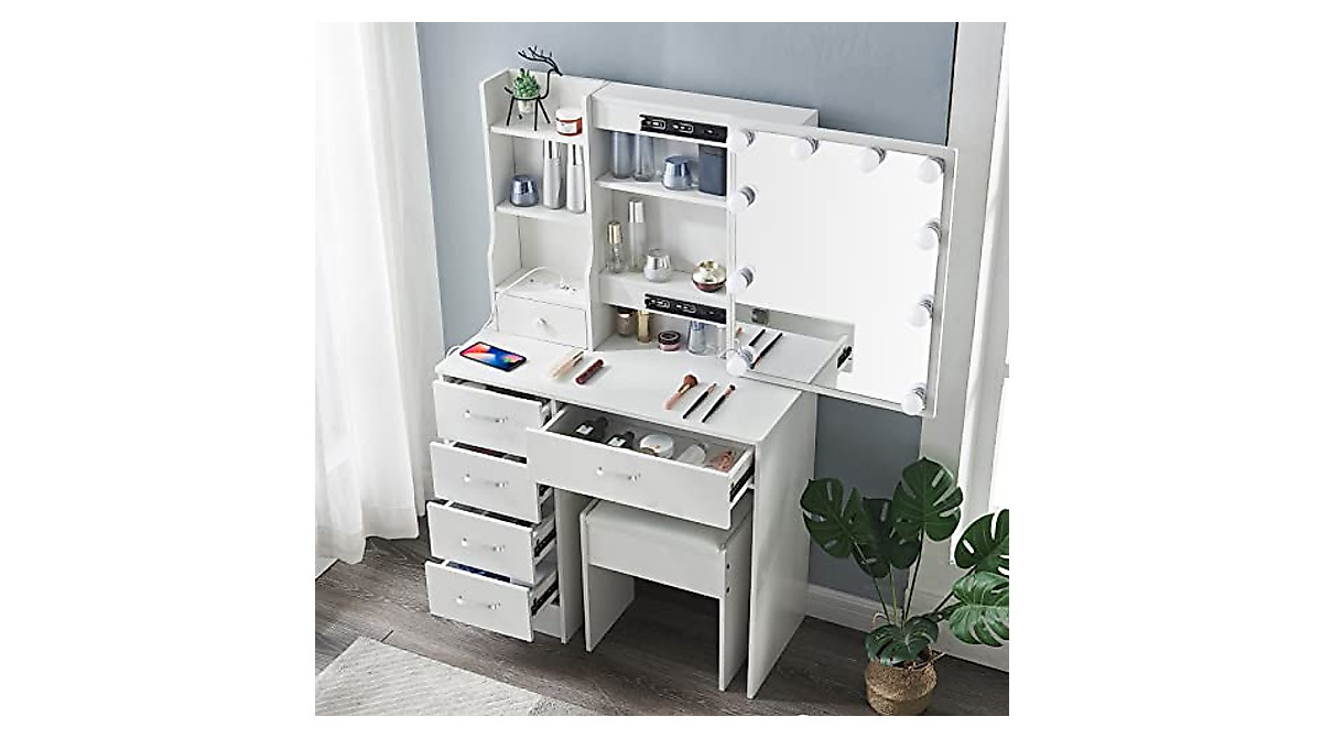Modern White Vanity Set with Lighted Mirror & Charging Station